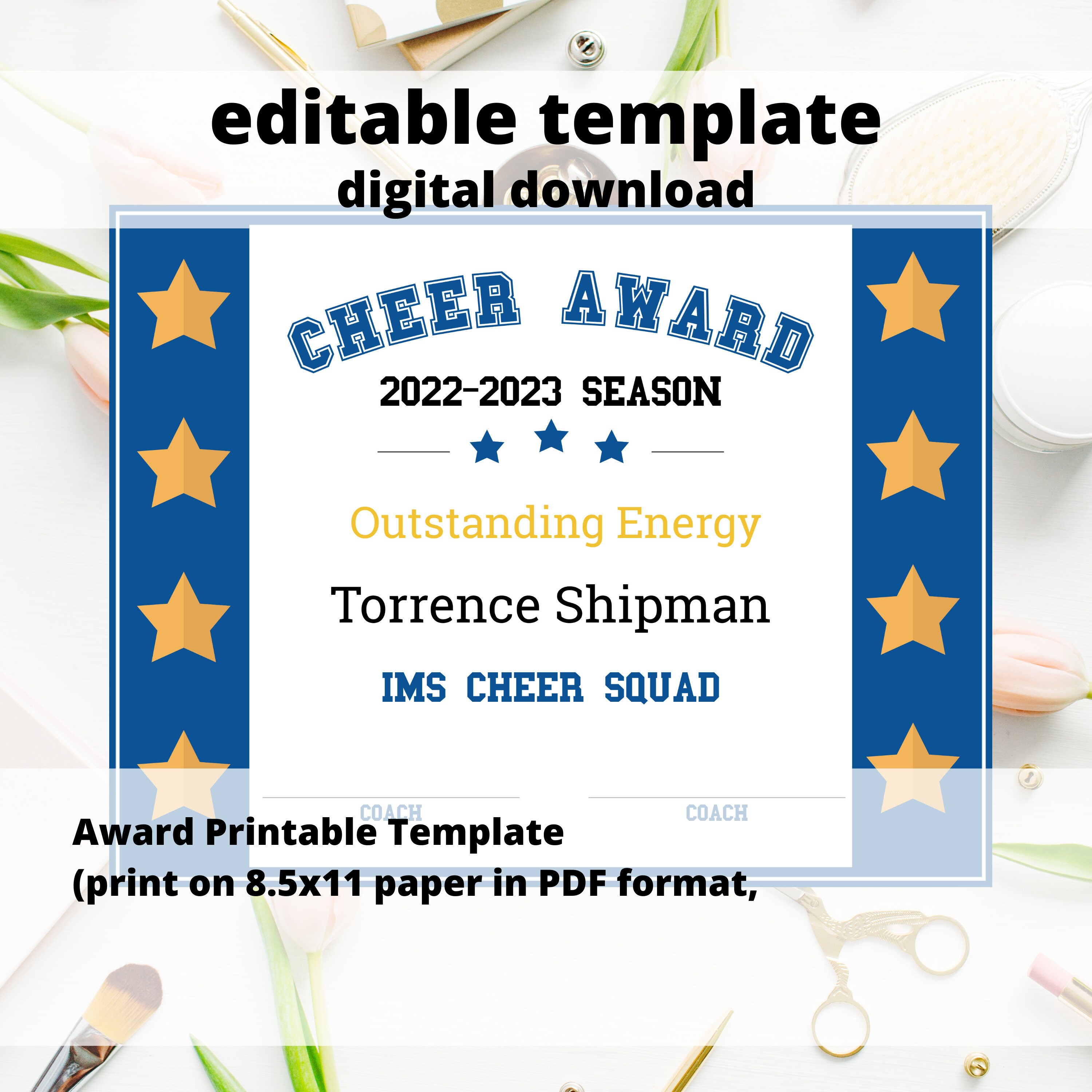 Customizable Cheerleader Award Certificate, Printable 8.5x11 Sport ...