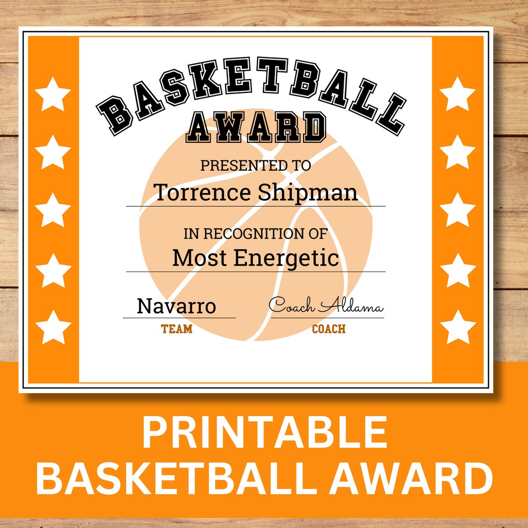 Customizable Basketball Award Certificate, Printable 8.5x11 Sport Award ...