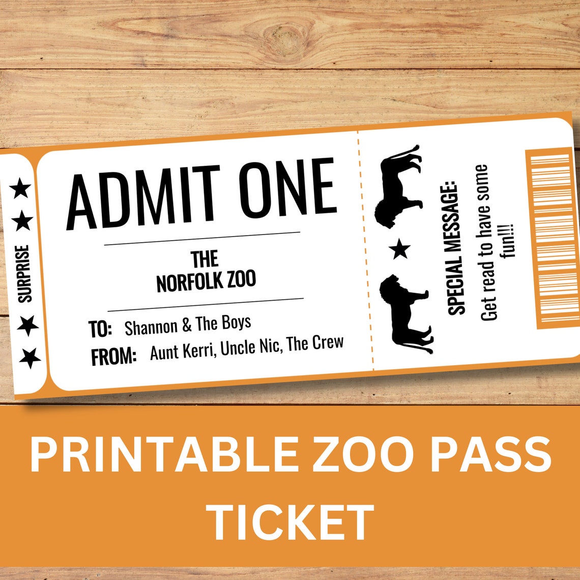 Zoo Pass Ticket Template, Surprise Announcement, Printable Custom Event ...