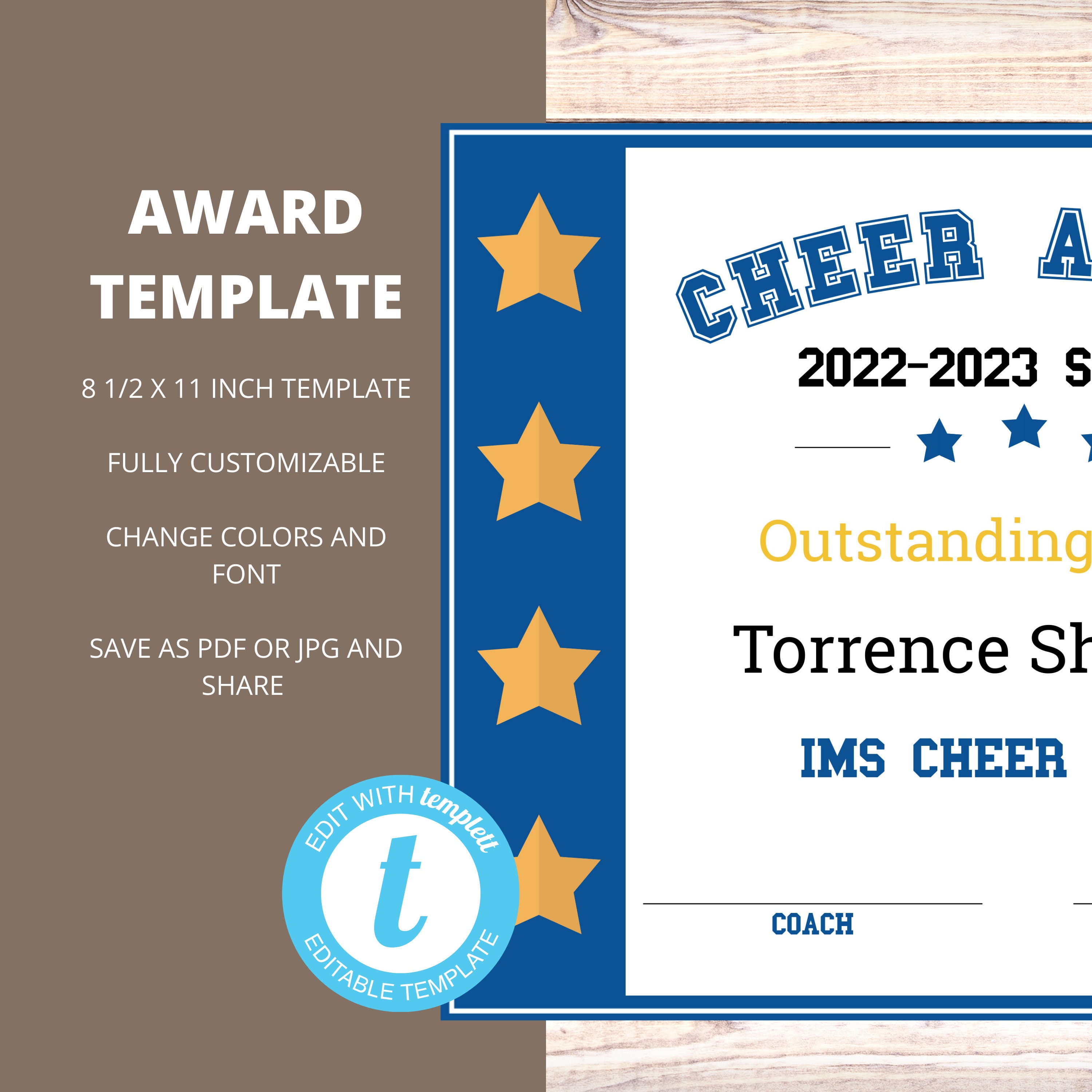 Customizable Cheerleader Award Certificate, Printable 8.5x11 Sport ...