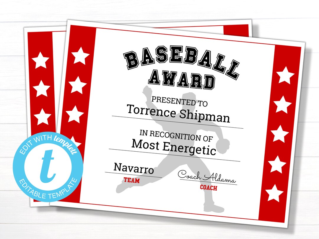 Customizable Baseball Award Certificate Printable 8.5x11 - Etsy
