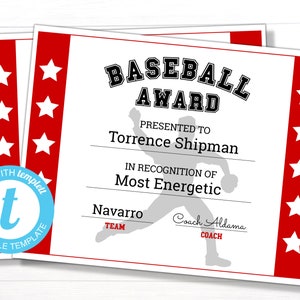 Customizable Baseball Award Certificate Printable 8.5x11 - Etsy