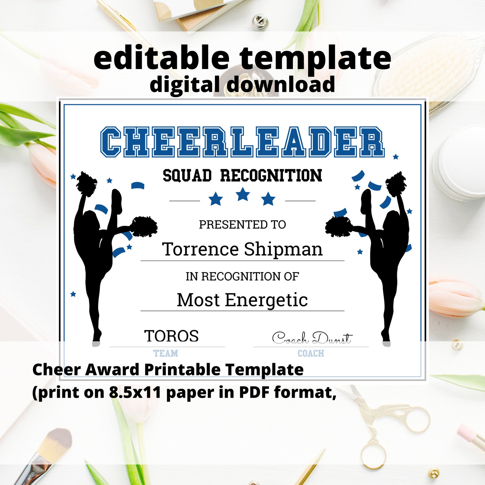 Customizable Cheerleader Award Certificate, Printable 8.5x11 Sport ...