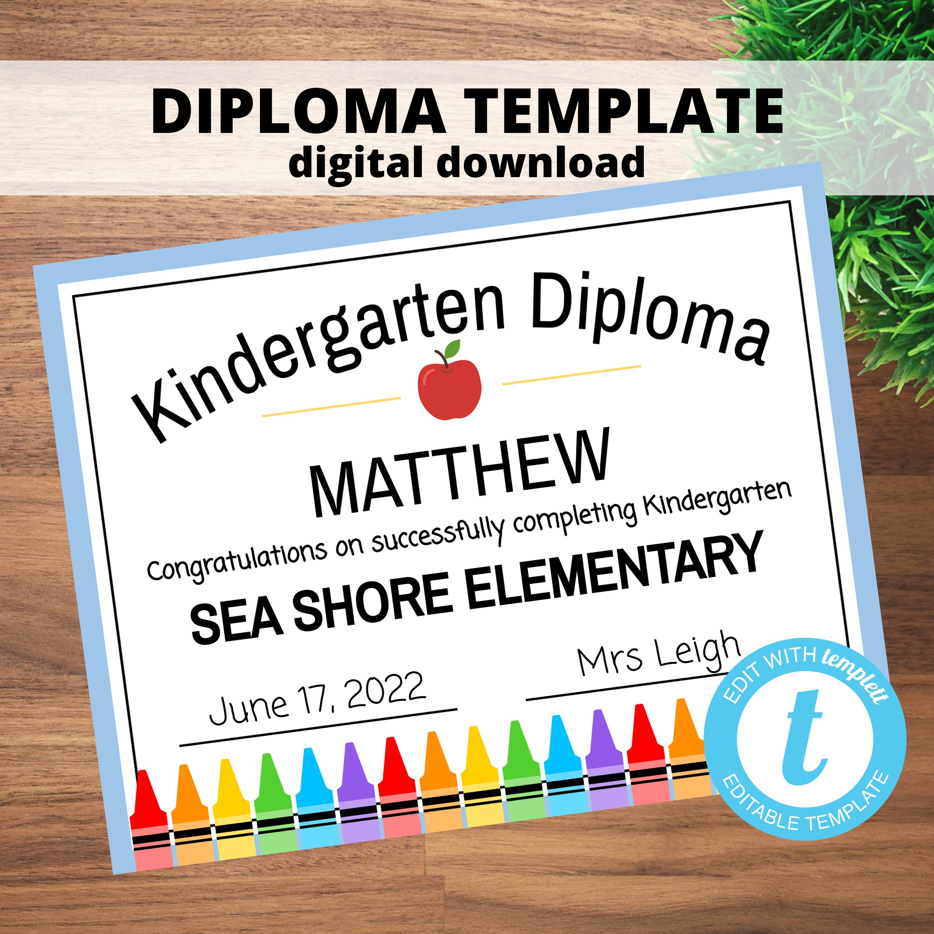 Customizable Kindergarten Diploma, Printable 8.5x11 School Award ...