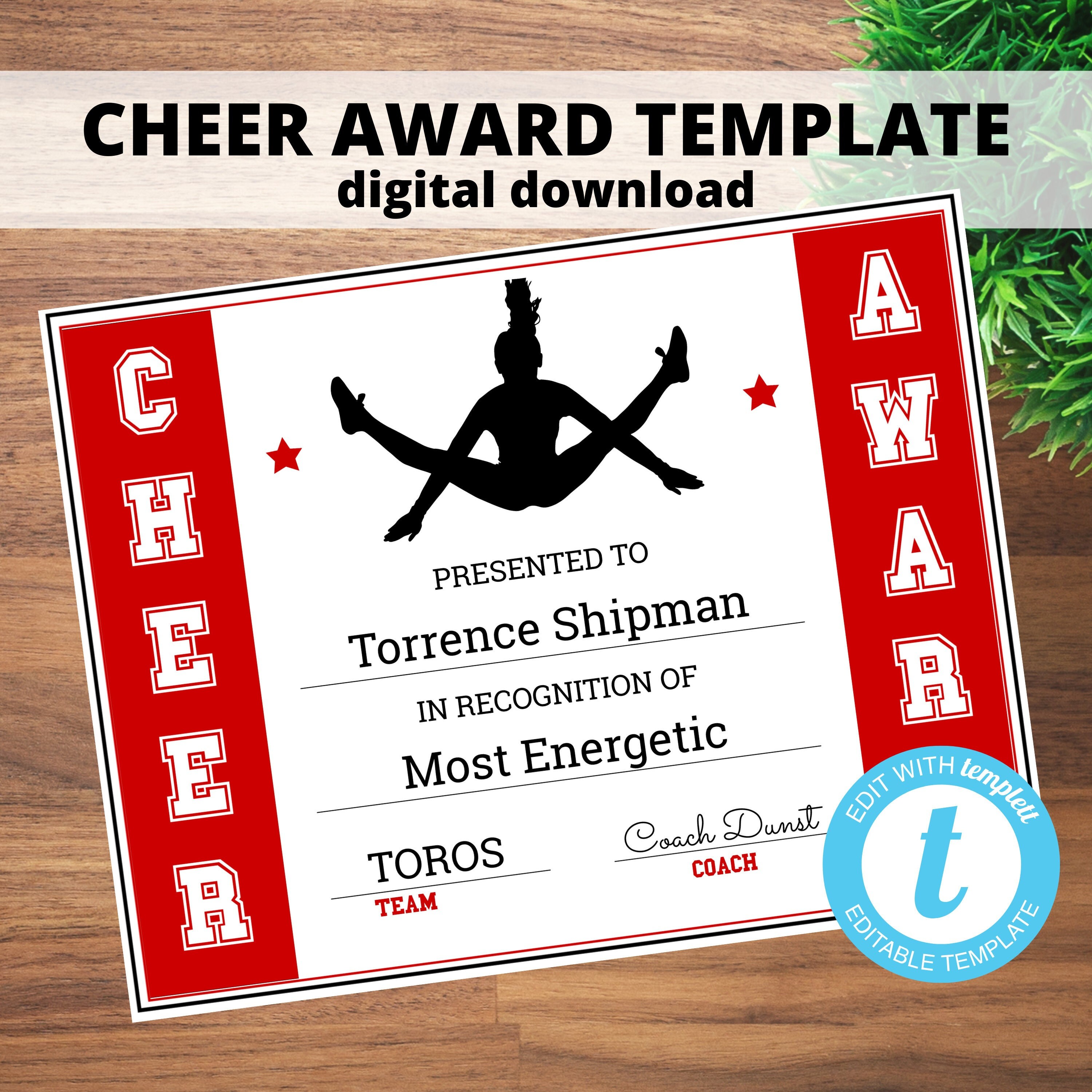 Customizable Cheerleader Award Certificate, Printable 8.5x11 Sport ...