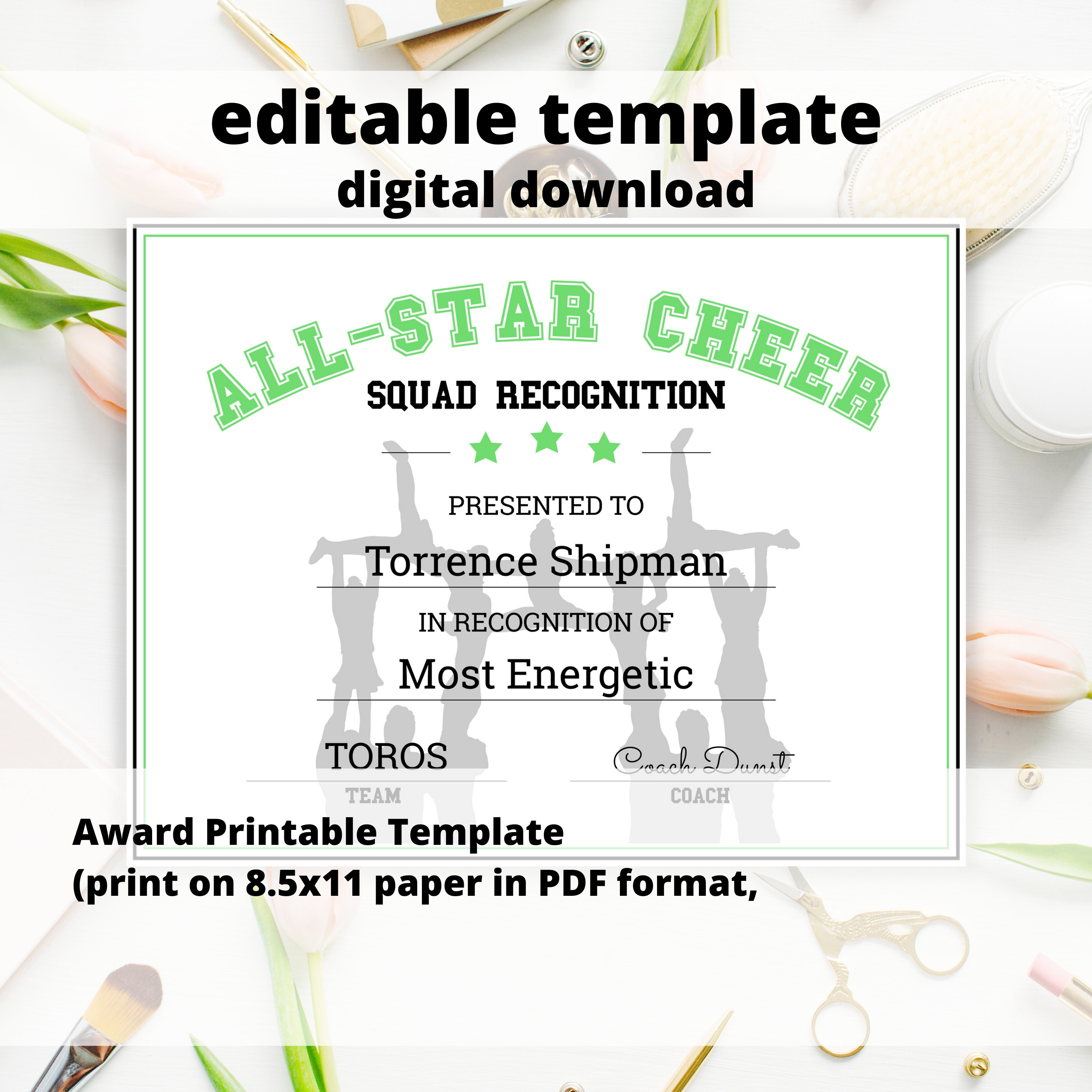 Customizable All-star Cheerleader Award Certificate, Printable 8.5x11 ...