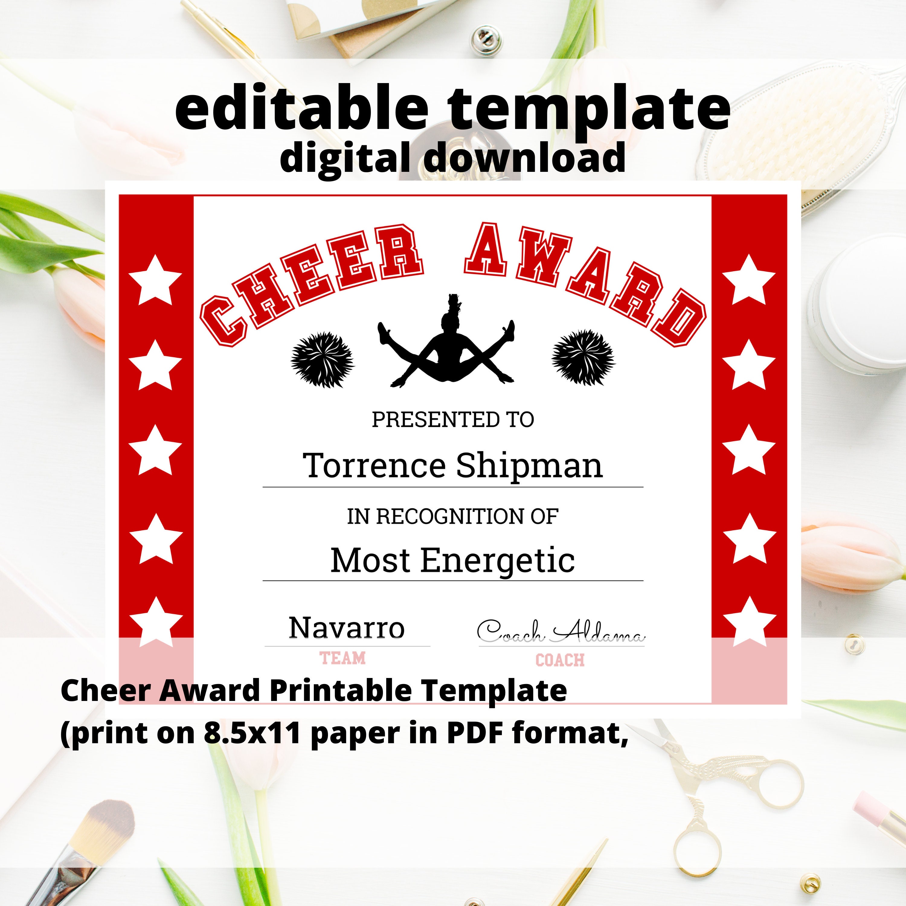 Customizable Cheerleader Award Certificate, Printable 8.5x11 Sport ...