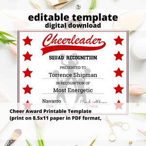 Customizable Cheerleader Award Certificate, Printable 8.5x11 Sport ...