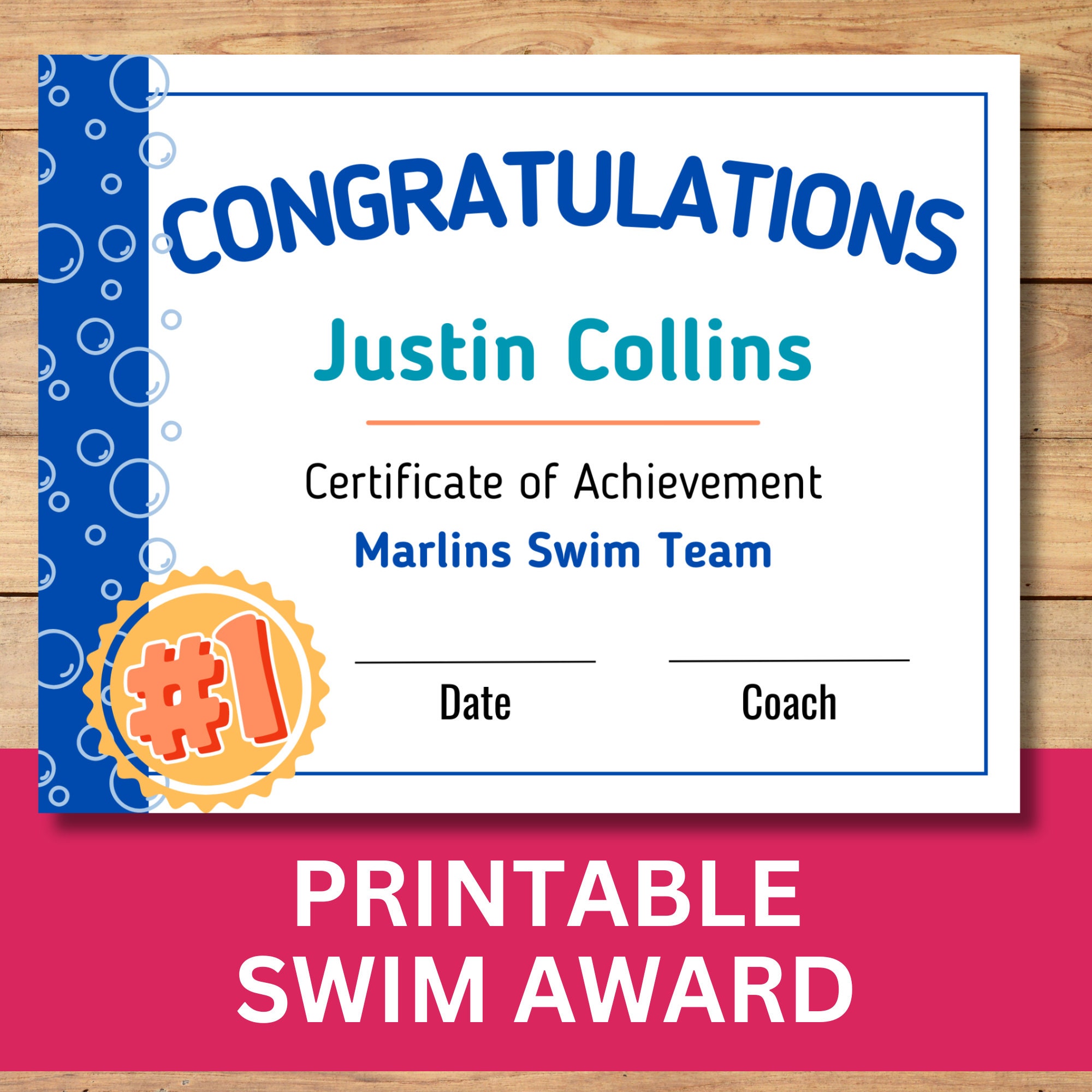 Customizable Swim Team Award Certificate, Printable 8.5x11 Sport Award ...