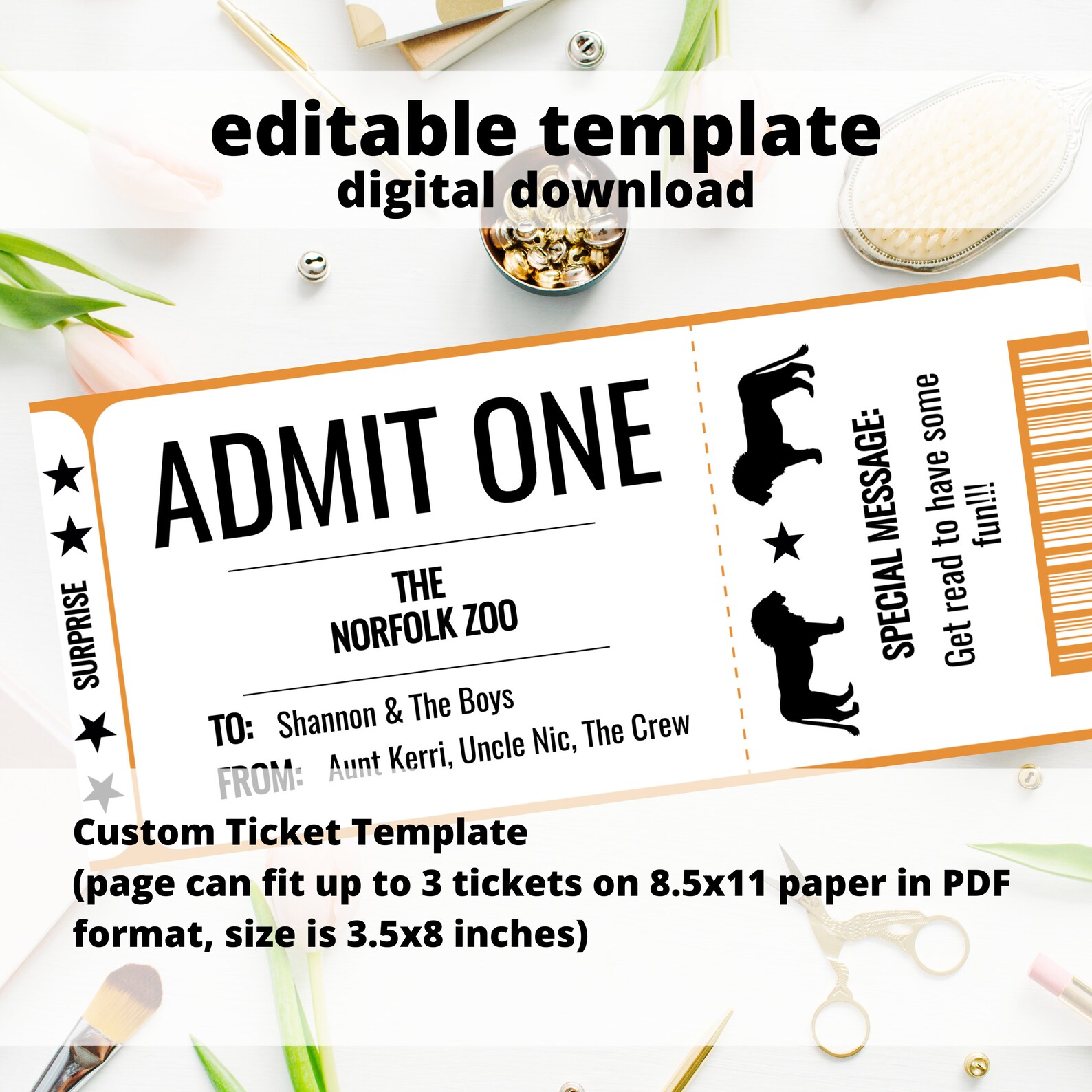 Zoo Pass Ticket Template, Surprise Announcement, Printable Custom Event ...