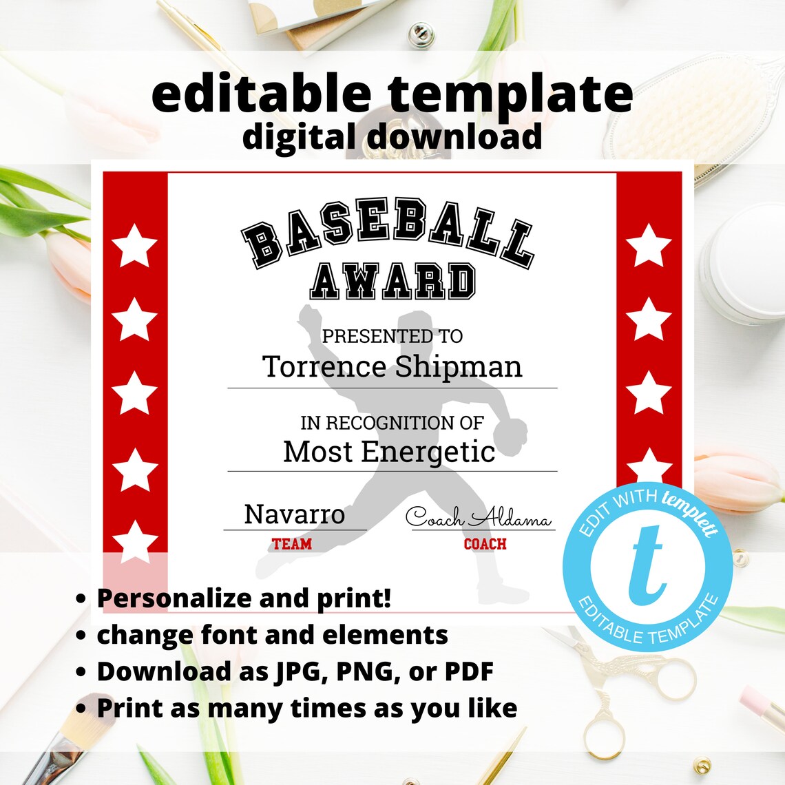 Customizable Baseball Award Certificate, Printable 8.5x11 Sport Award ...