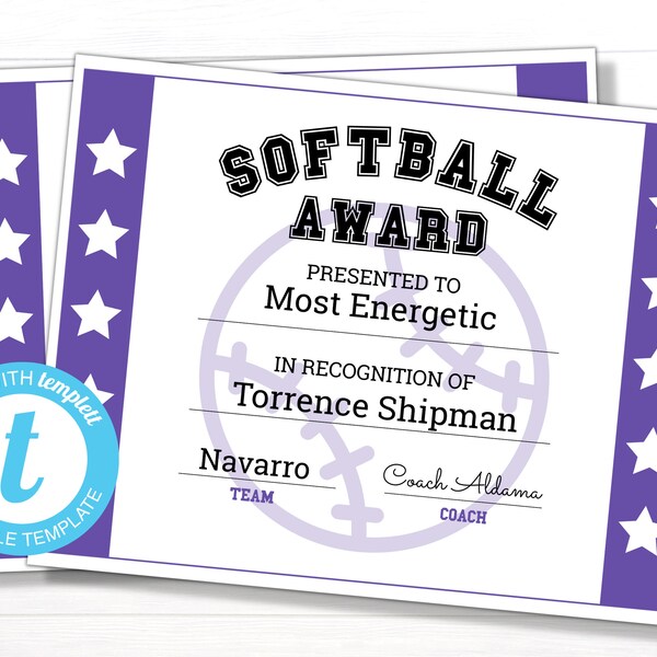 Softball Award Template - Etsy
