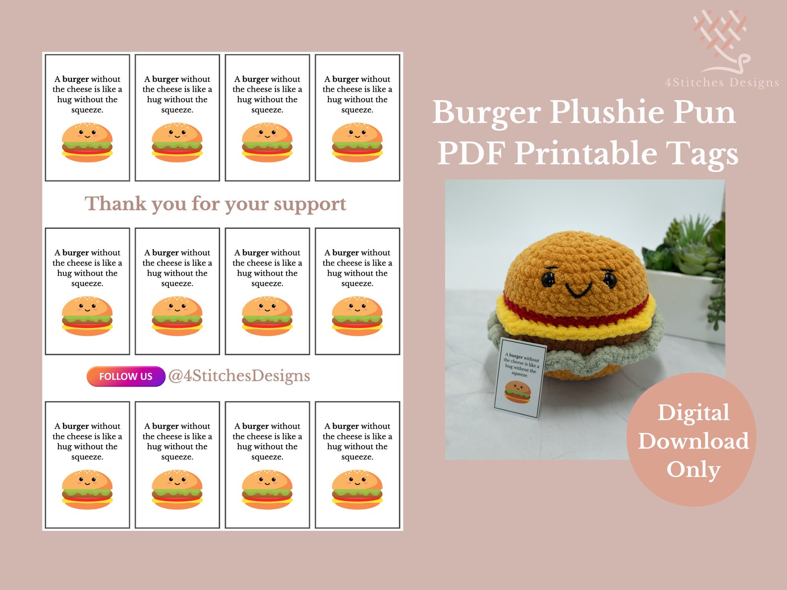 PRINTABLE Cheeseburger Plush Tag | Display Tag for Crochet Cheeseburger ...