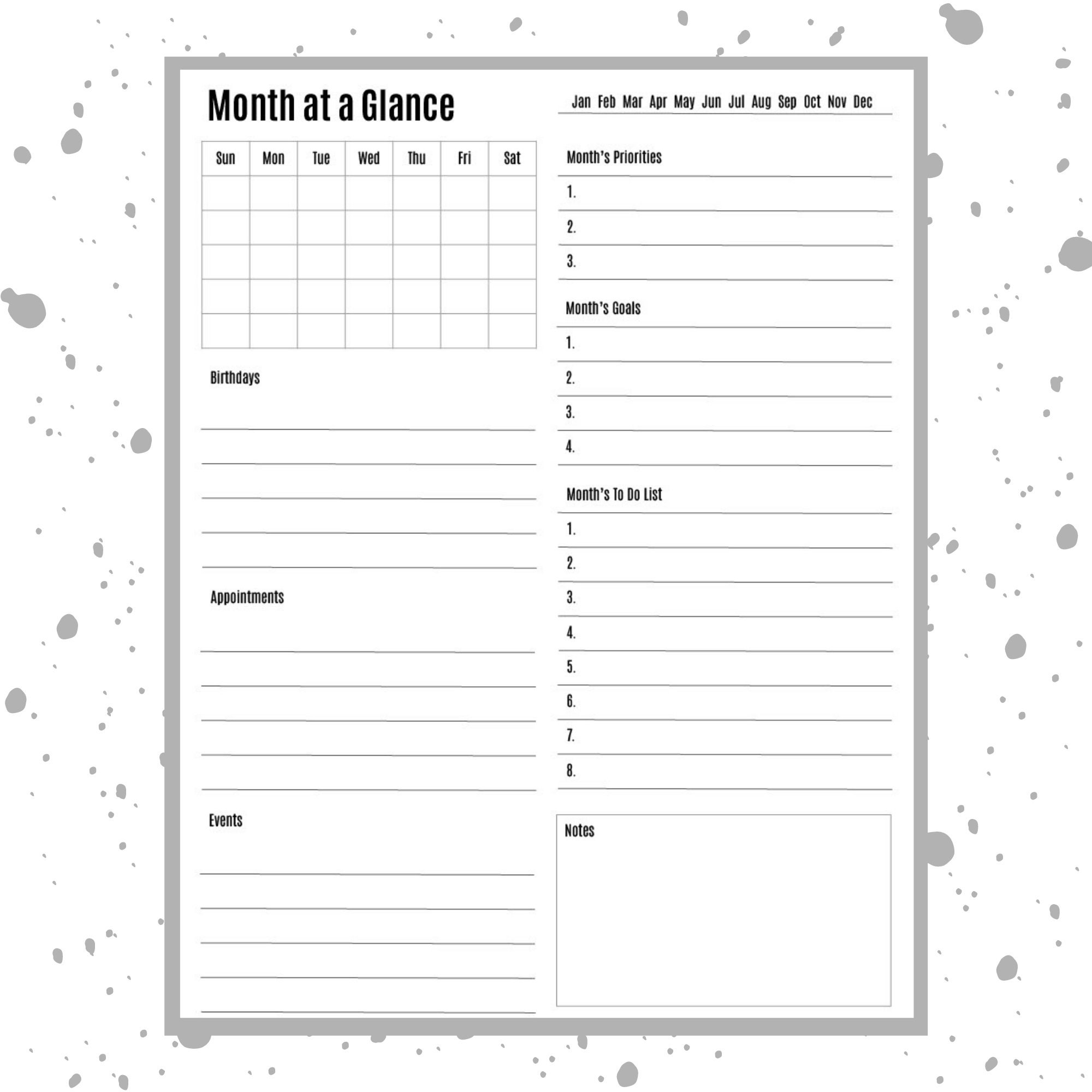 Month at a Glance Planner Printable-undated Monthly Overview ...
