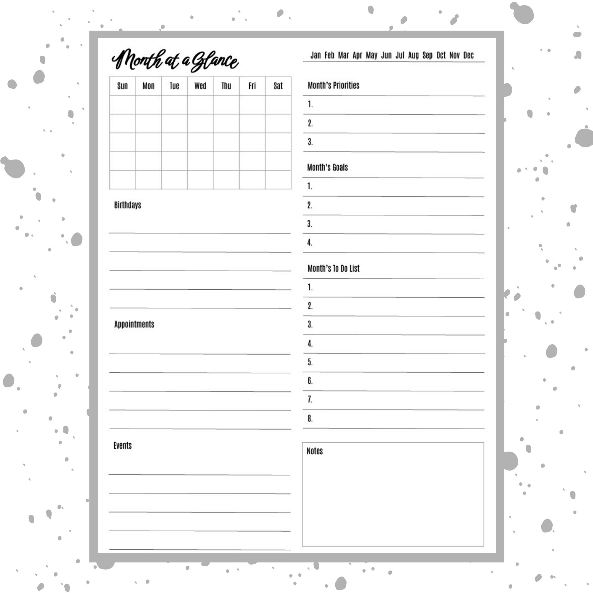 Month at a Glance Planner Printable-undated Monthly Overview ...