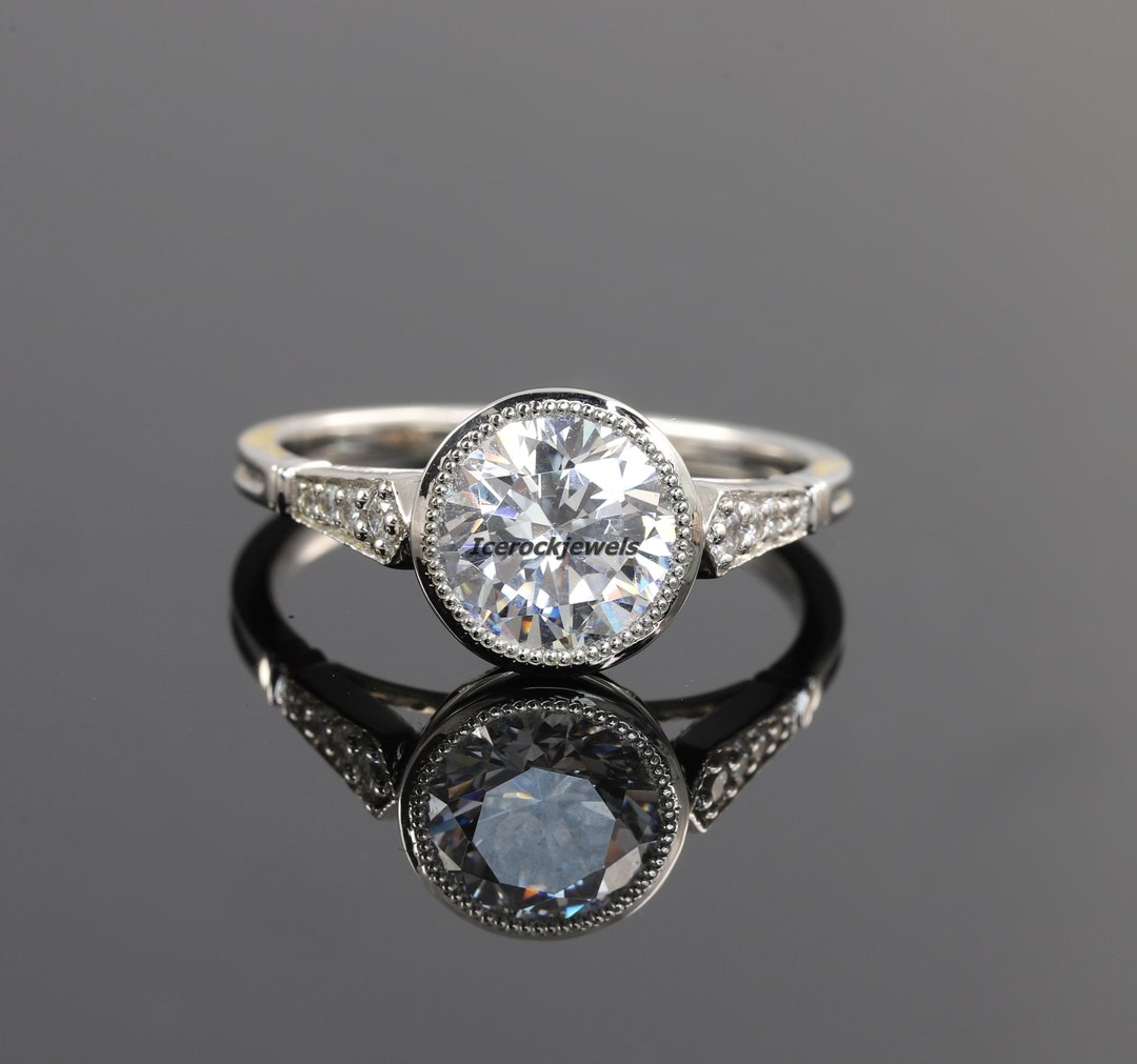 Art Deco Vintage Style Ring Milgrain Bezel Set Engagement - Etsy
