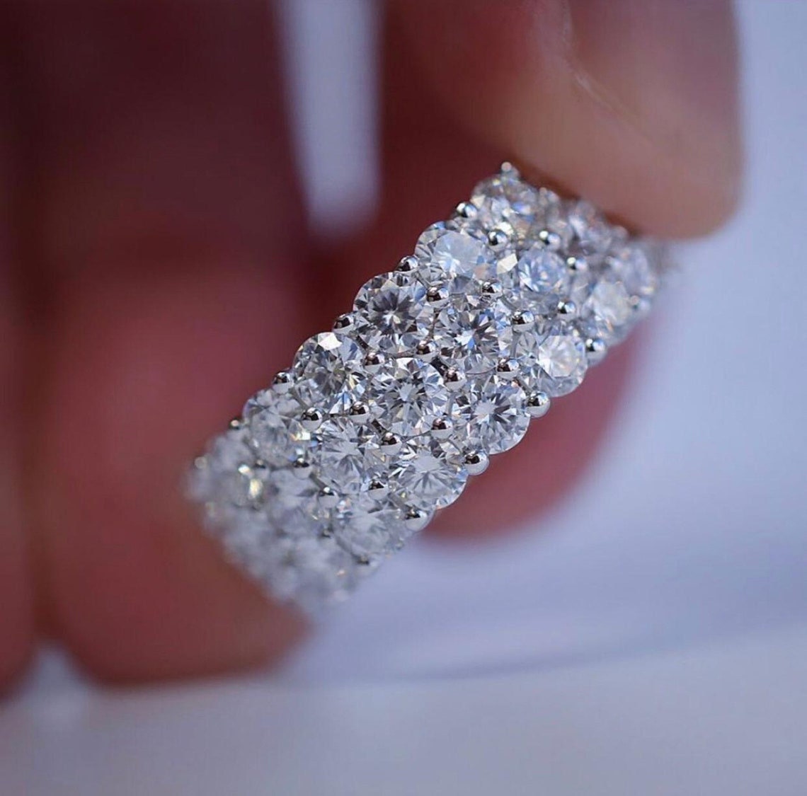 Three Row Diamond Ring, Round Cut Diamond Engagement Wedding Ring, Full ...