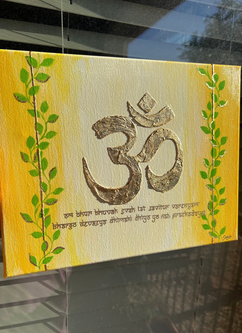 Gold Om Gayatri Mantra Artwork Painting, Indian Traditional Spiritual ...