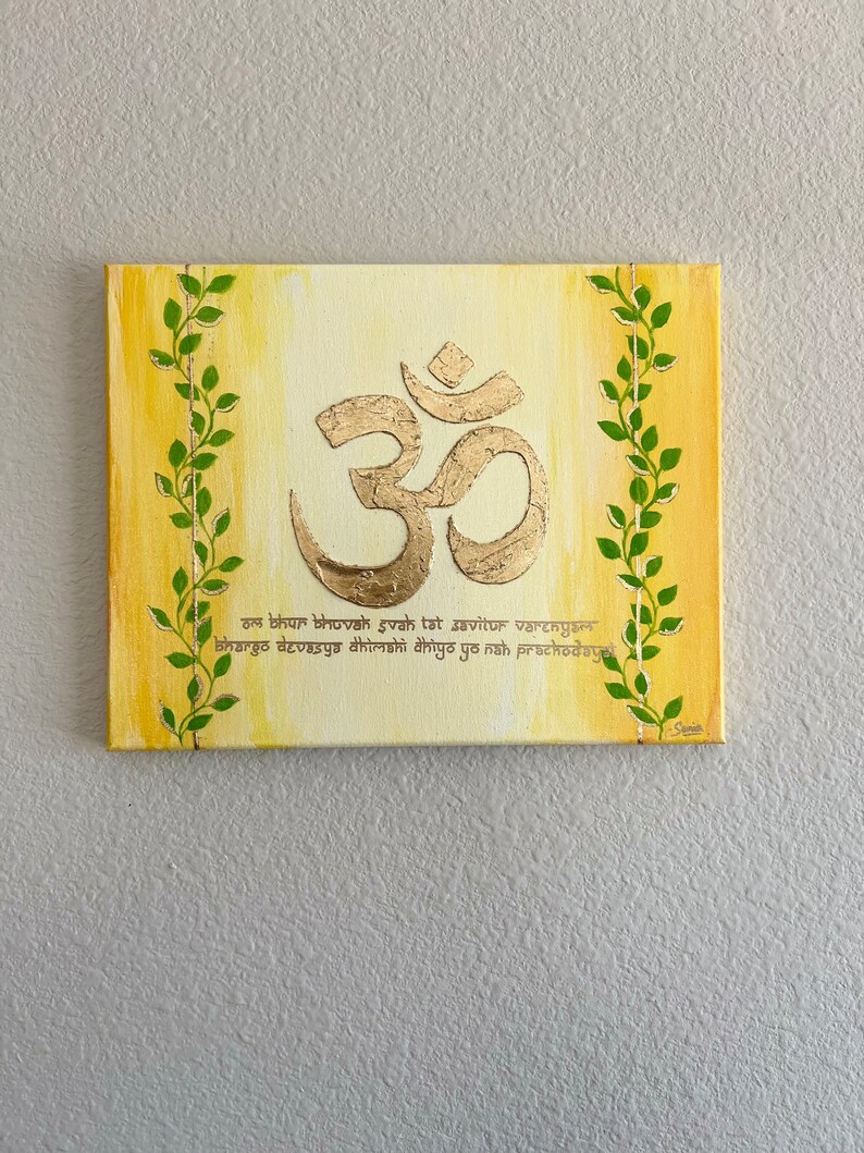 Gold Om Gayatri Mantra Artwork Painting, Indian Traditional Spiritual ...
