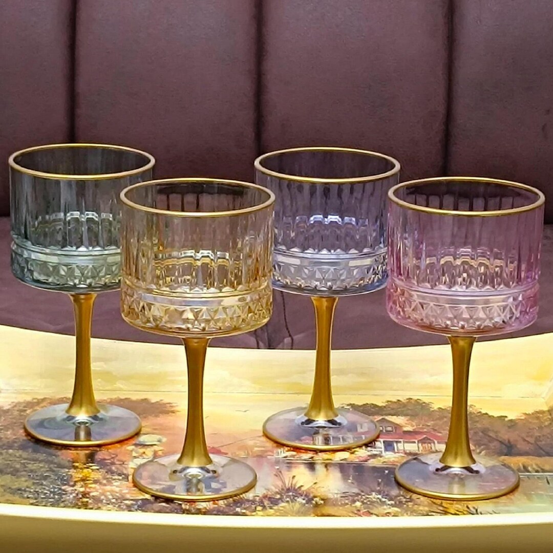 Elegant Large Glass Goblet, Colored and Gold Rimmed Cocktail Glasses ...