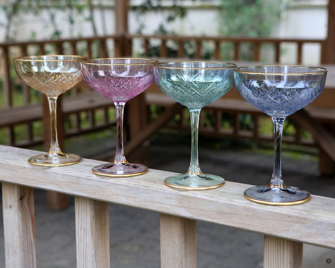Colored Gold Rimmed Vintage Style Cocktail Glasses, Celebration Glasses ...