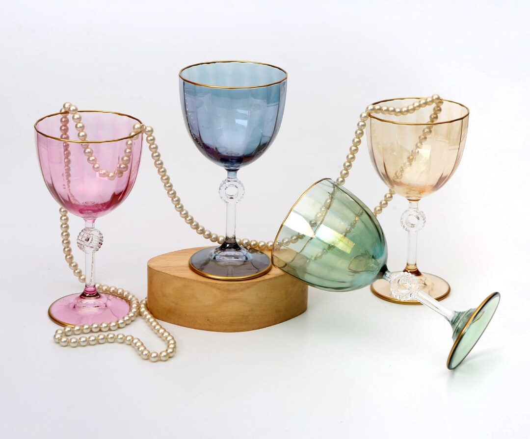 Vintage Style Colored Wine Glass, Gold Rim Wine Glass, Wedding Wine ...