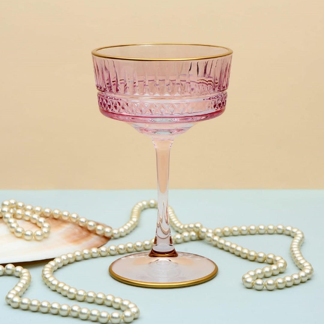 Vintage Style Pink Champagne Coupe, Gold Rimmed Pink Cocktail Glasses ...