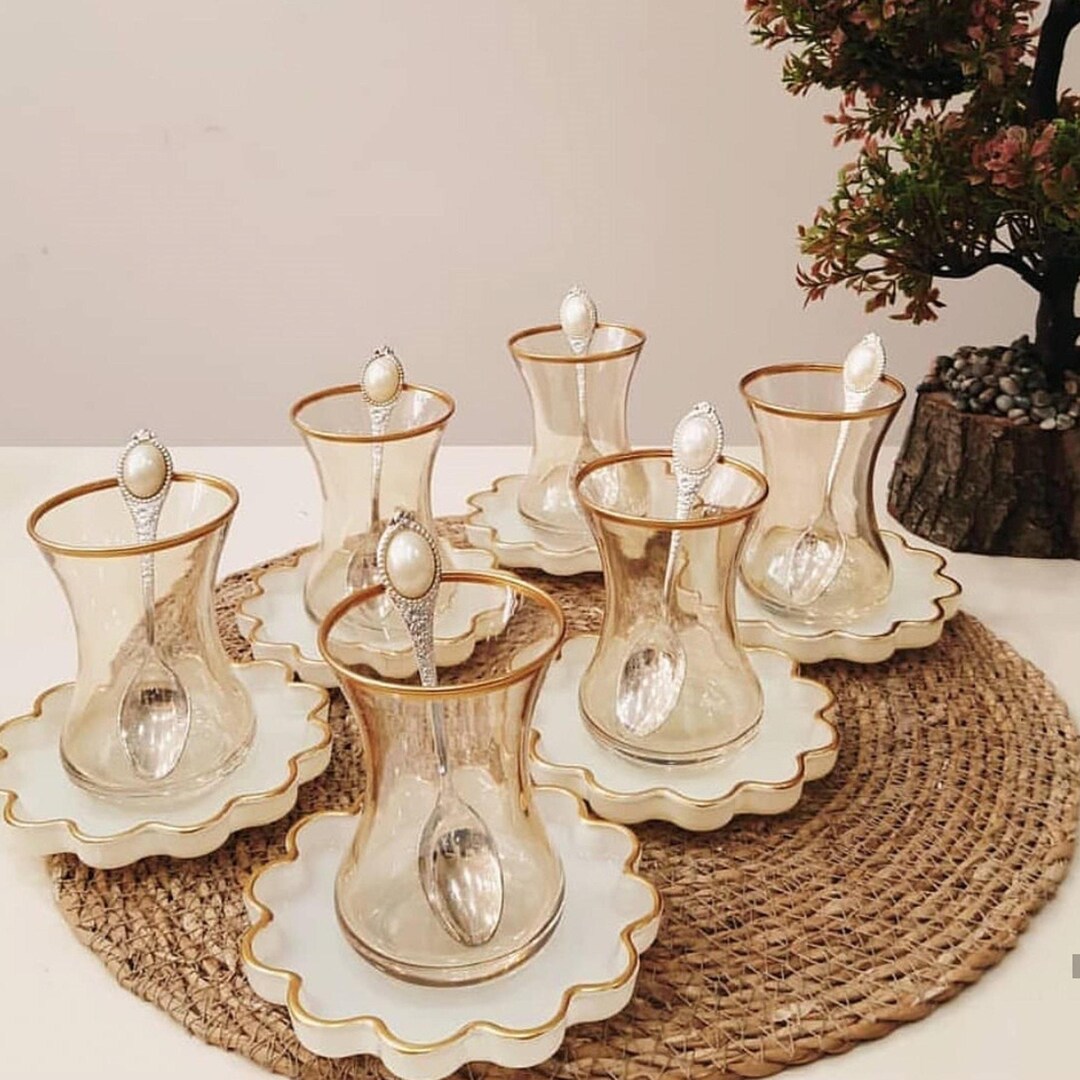Elegant Set of 6 Turkish Tea Glasses & Saucers | Amber Gold Rim ...