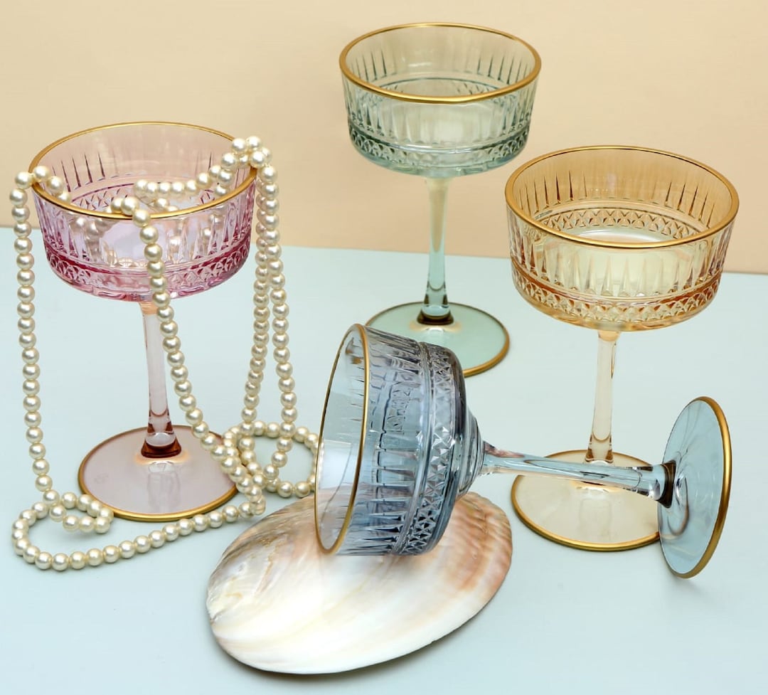 Colored Gold Rimmed Vintage Style Cocktail Glasses, Celebration Glasses ...