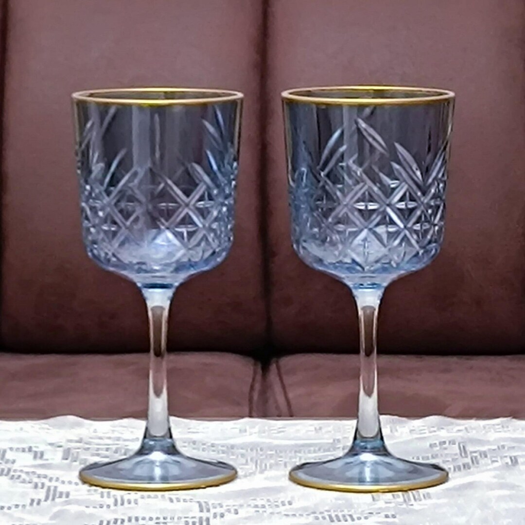 Deep Sea Blue Art Deco Goblet Set | Gold Rim Wine & Water Glasses ...