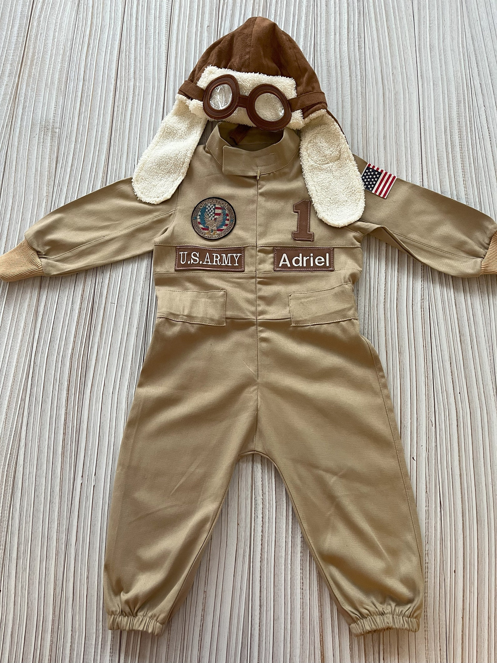 Personalized Brown Army Kids Costume With Captain Pilot Helmet*toddler ...