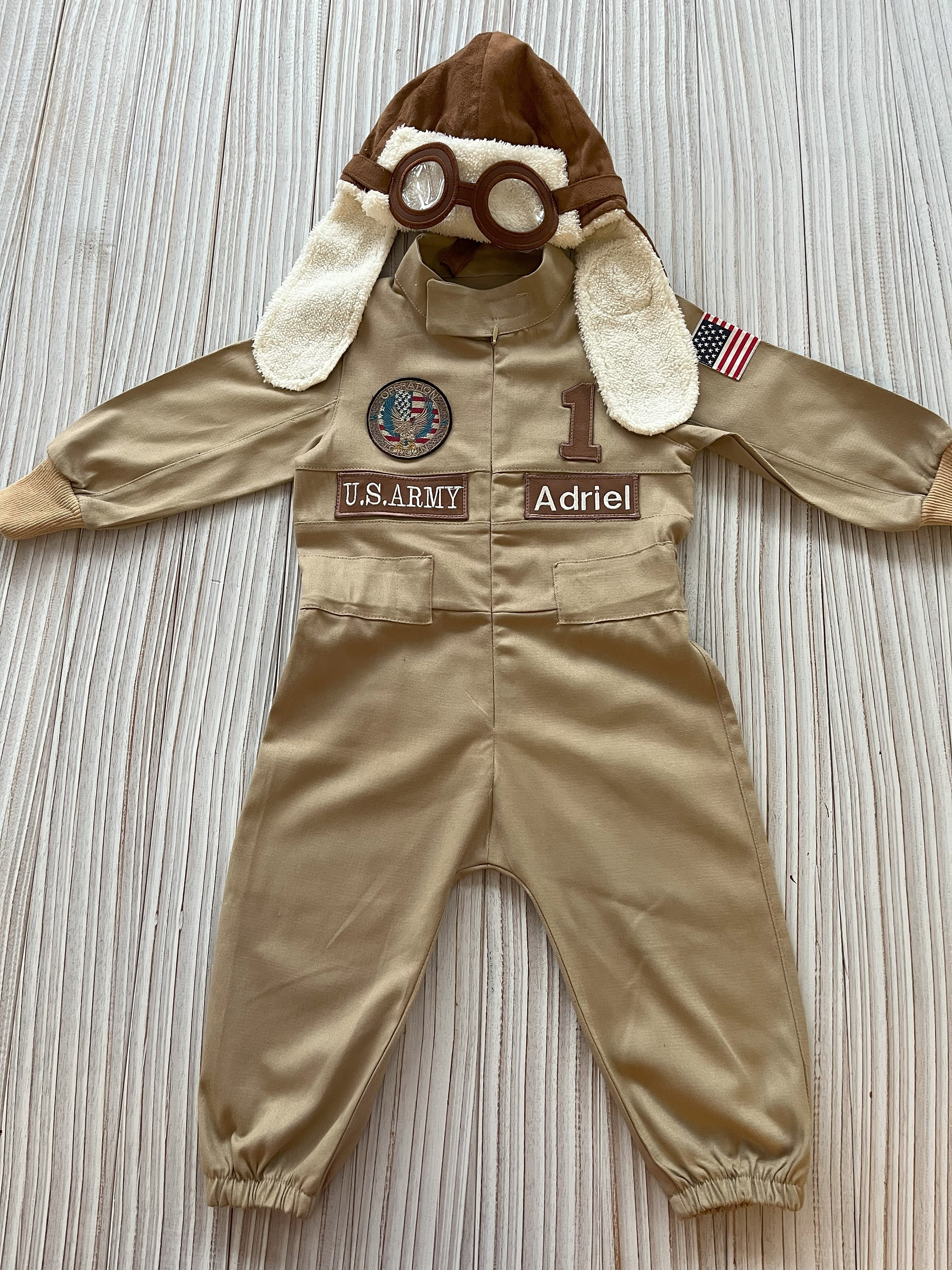 Personalized Brown Army Kids Costume With Captain Pilot Helmet*toddler ...