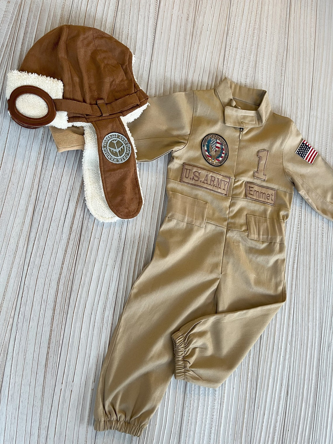 Personalized Brown Army Kids Costume With Captain Pilot Helmet*toddler ...