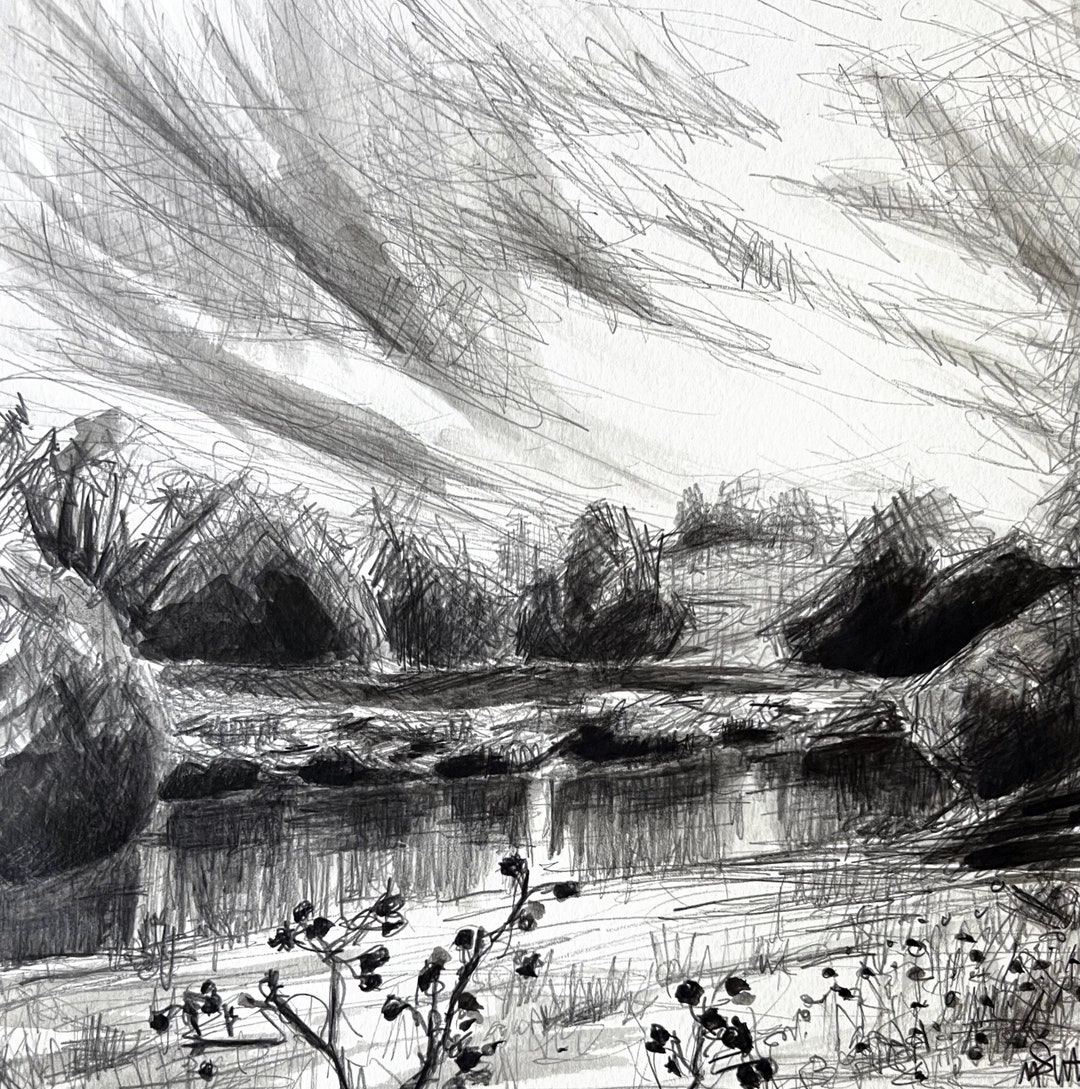 Muddled Banks. Original 11x11 Ink and Pencil Landscape Drawing - Etsy