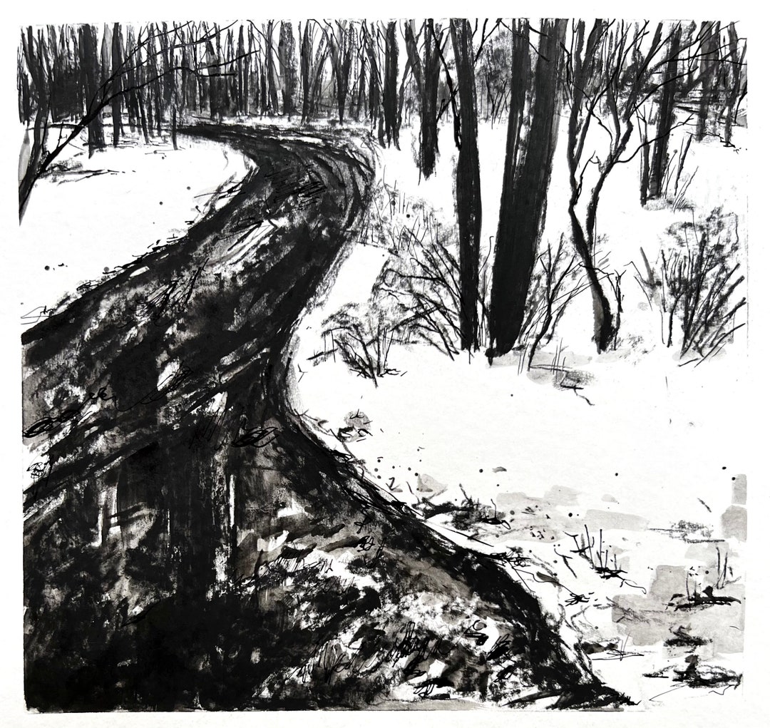 Black, Snowy River. Original 11.5x11 Ink and Charcoal Landscape Drawing ...