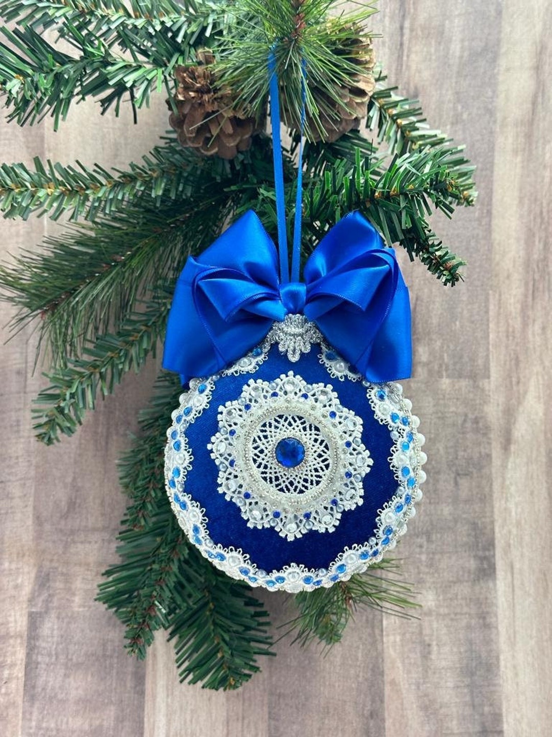 Handmade Blue and Gold Christmas Ornament, Velvet Christmas Tree Bubble ...