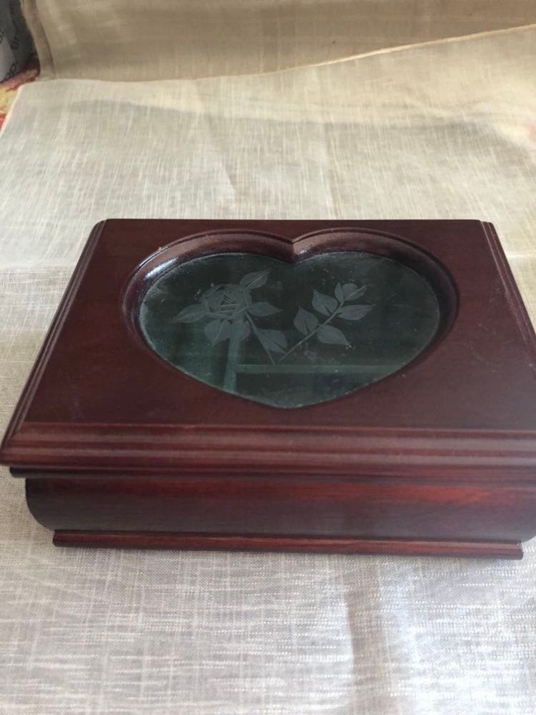 Cherry Wood Jewelry Box Small With Glass Heart Etched Flowers - Etsy