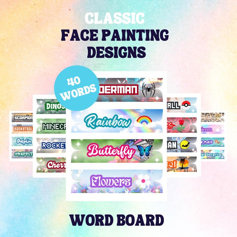 Face Paint Menu - Word Board: 40 Classic Face Painting Designs (digital ...