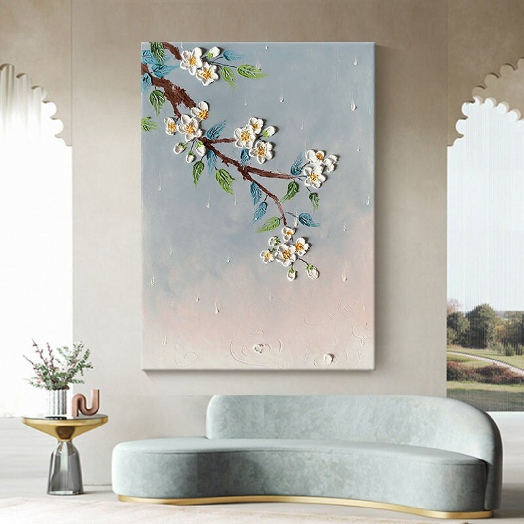 White Flowers on Tree Branch During Rain Abstract Original Hand Painted ...