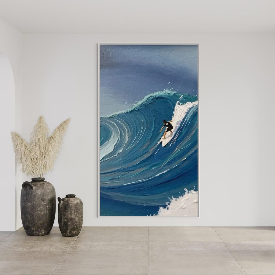 Vibrant Blue Wave Surfer Acrylic Painting Hand-painted Surfing Oil Art ...