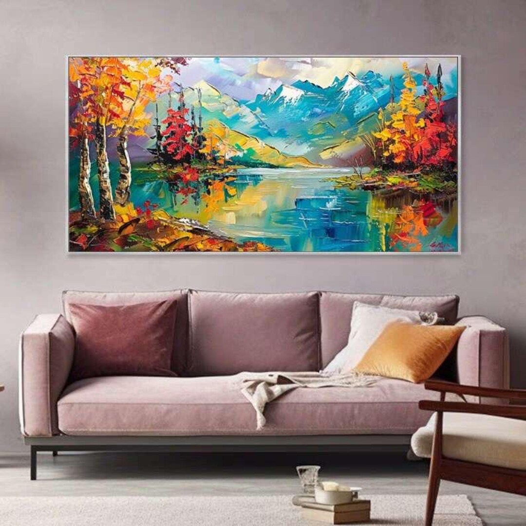 Mountainside River Multicolored Art Forest Yellow Leaves Acrylic ...