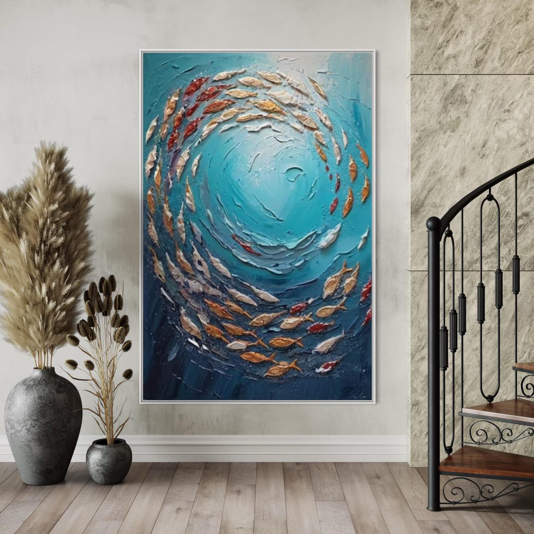 Navy Blue Underwater Fish Painting Hand-painted Fish Group Wall Art ...