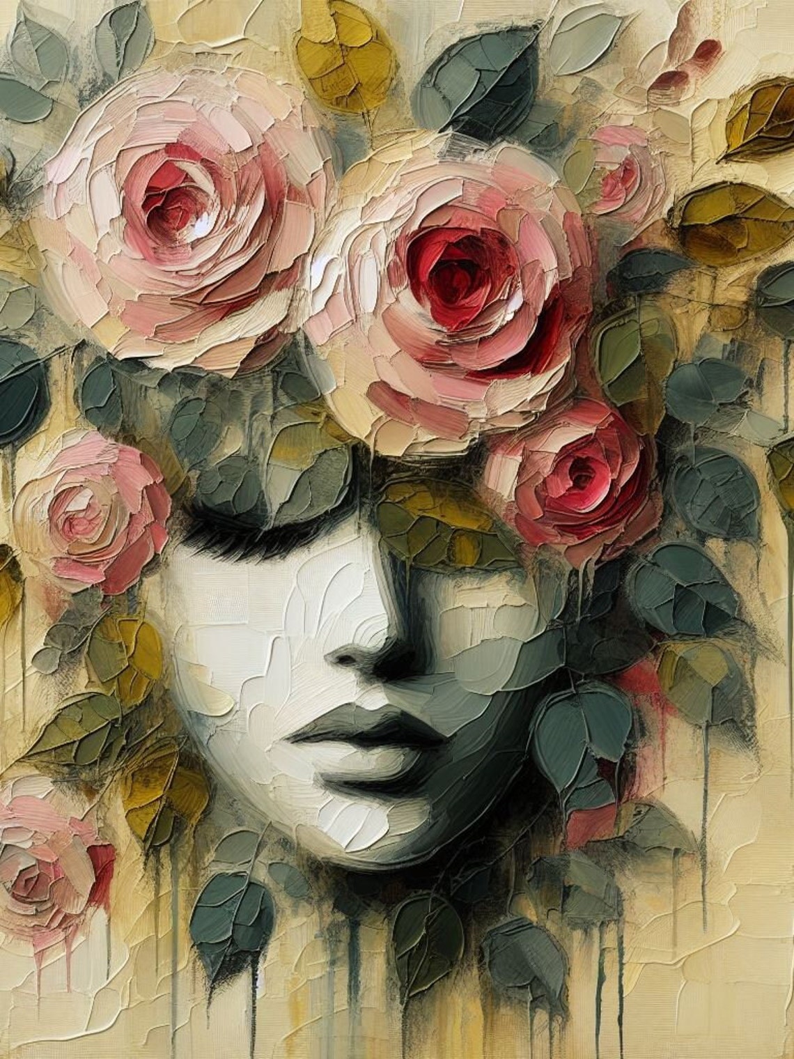 Oversize Lady With Flowers on Head Wall Art 3D Thick Texture Modern ...