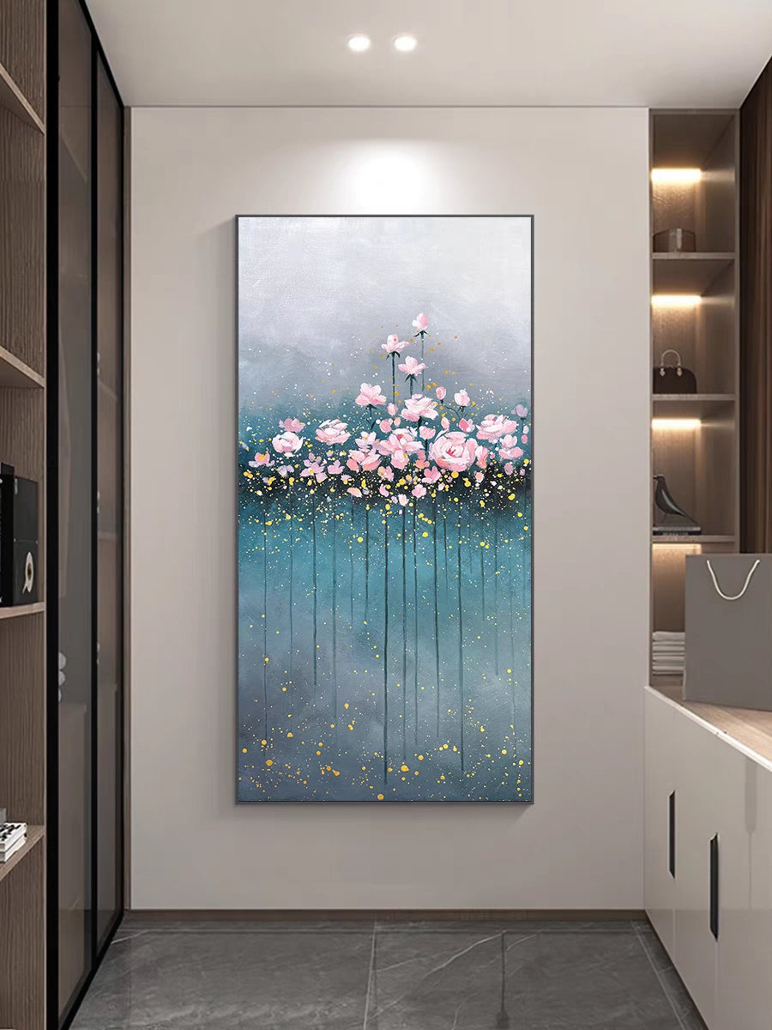 Abstract Style Pink Flower Painting, Large Vertical Artwork, Thick ...
