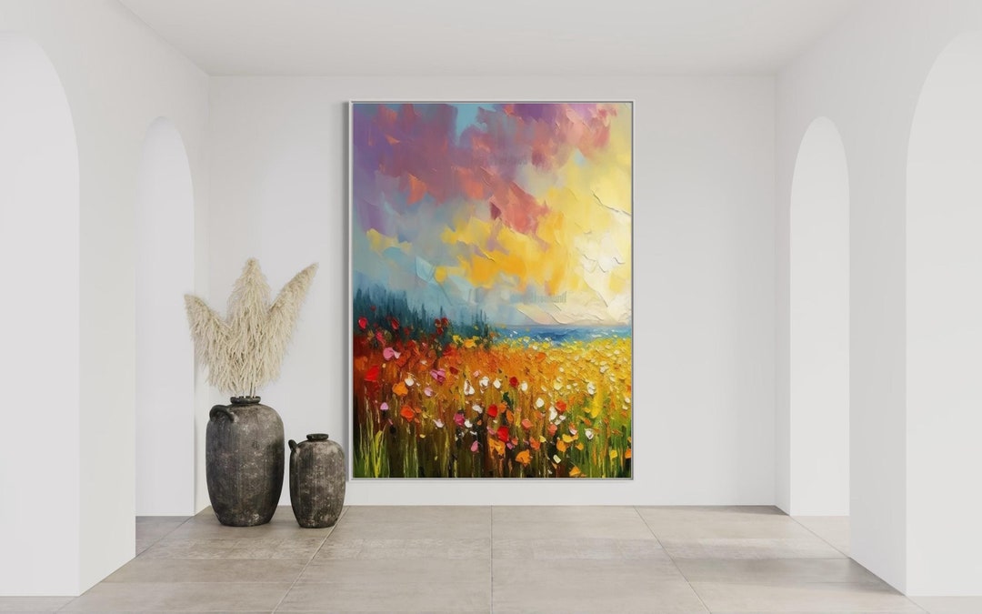 Multicolored Flowering Shrubs Painting Colorful Sky Acrylic Art ...