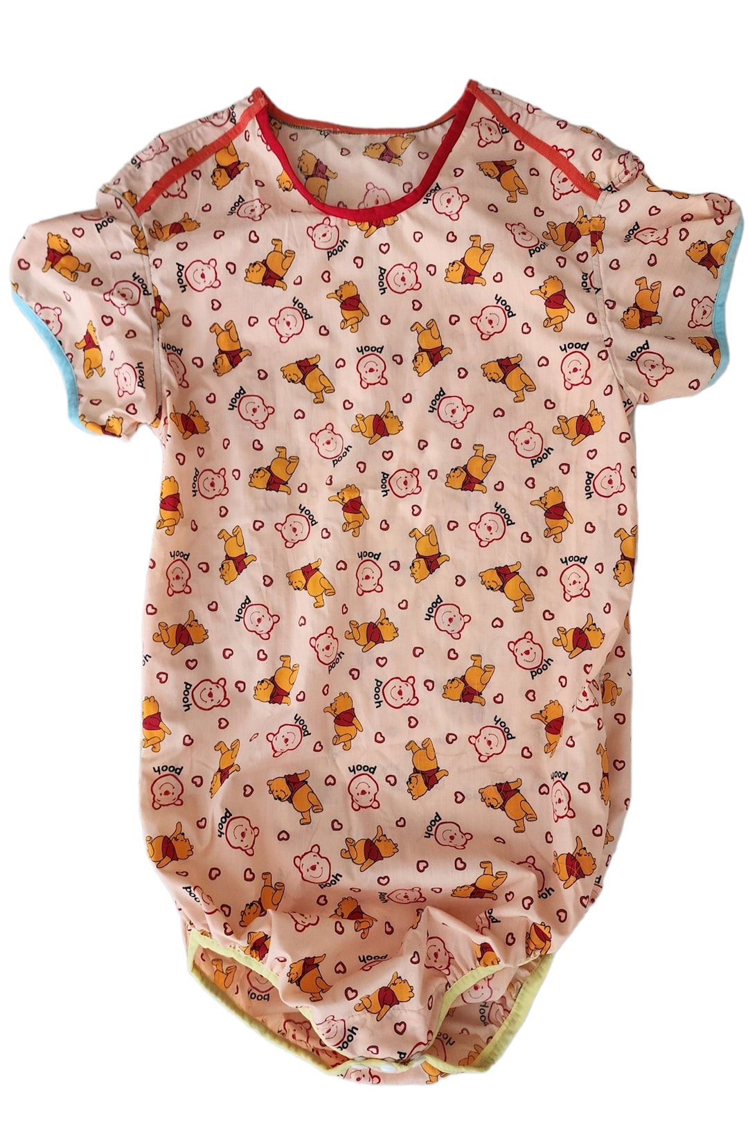 ABDL Onesie. Non Stretch Cotton. Snap Crotch. Orange Bear , Trim Arm Light Blue, Legs Yellow ...