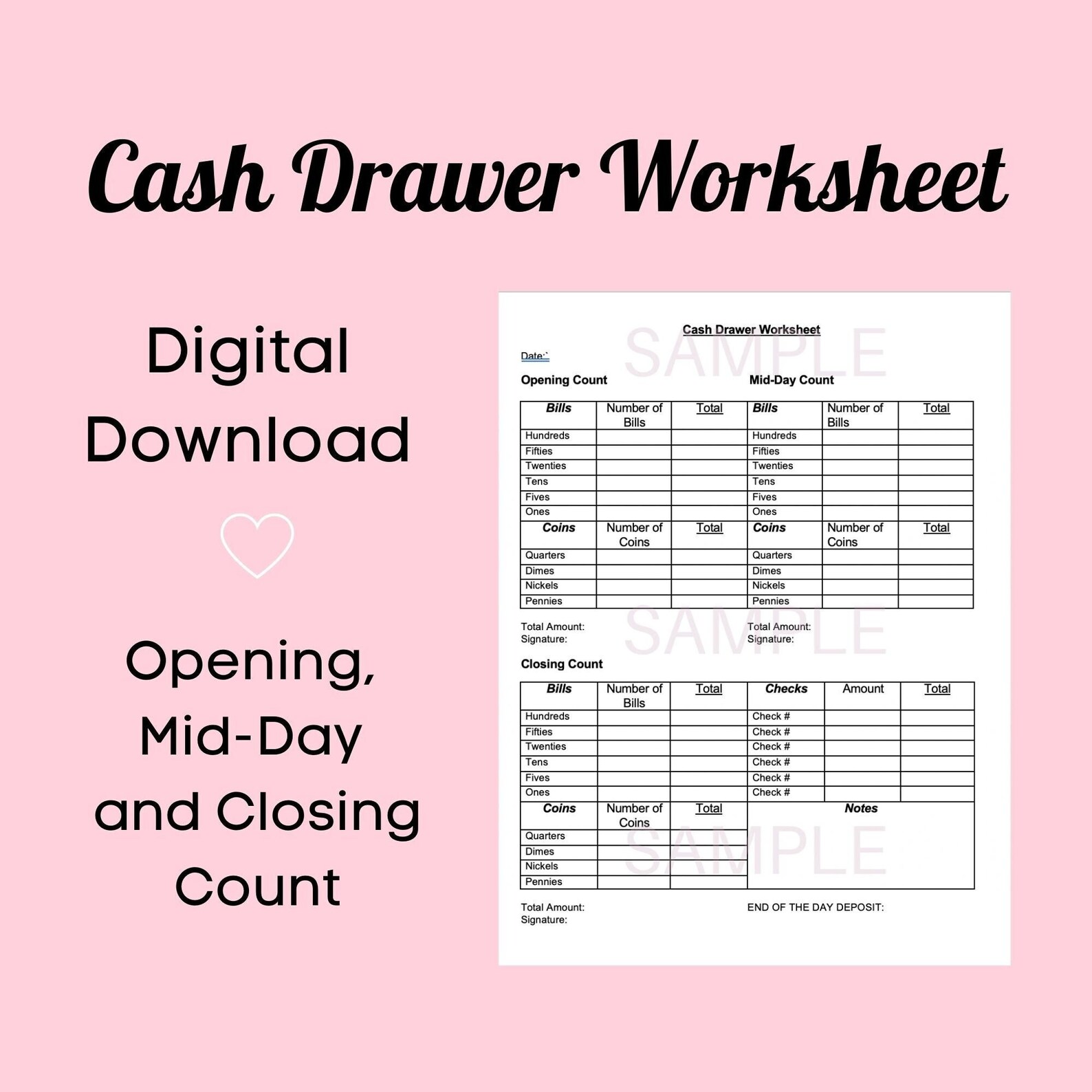 Cash Drawer Worksheet/drawer Count for Business | Etsy UK