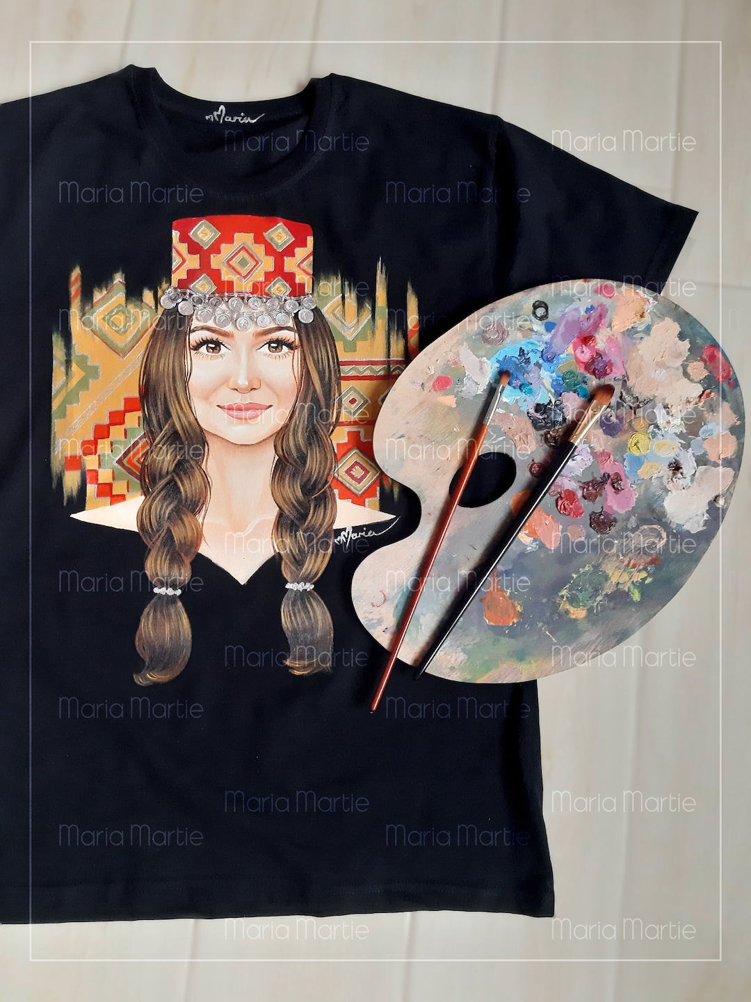 Hand-painted Armenian Girl Portrait T-shirt – Taraz Style, Wearable Art ...