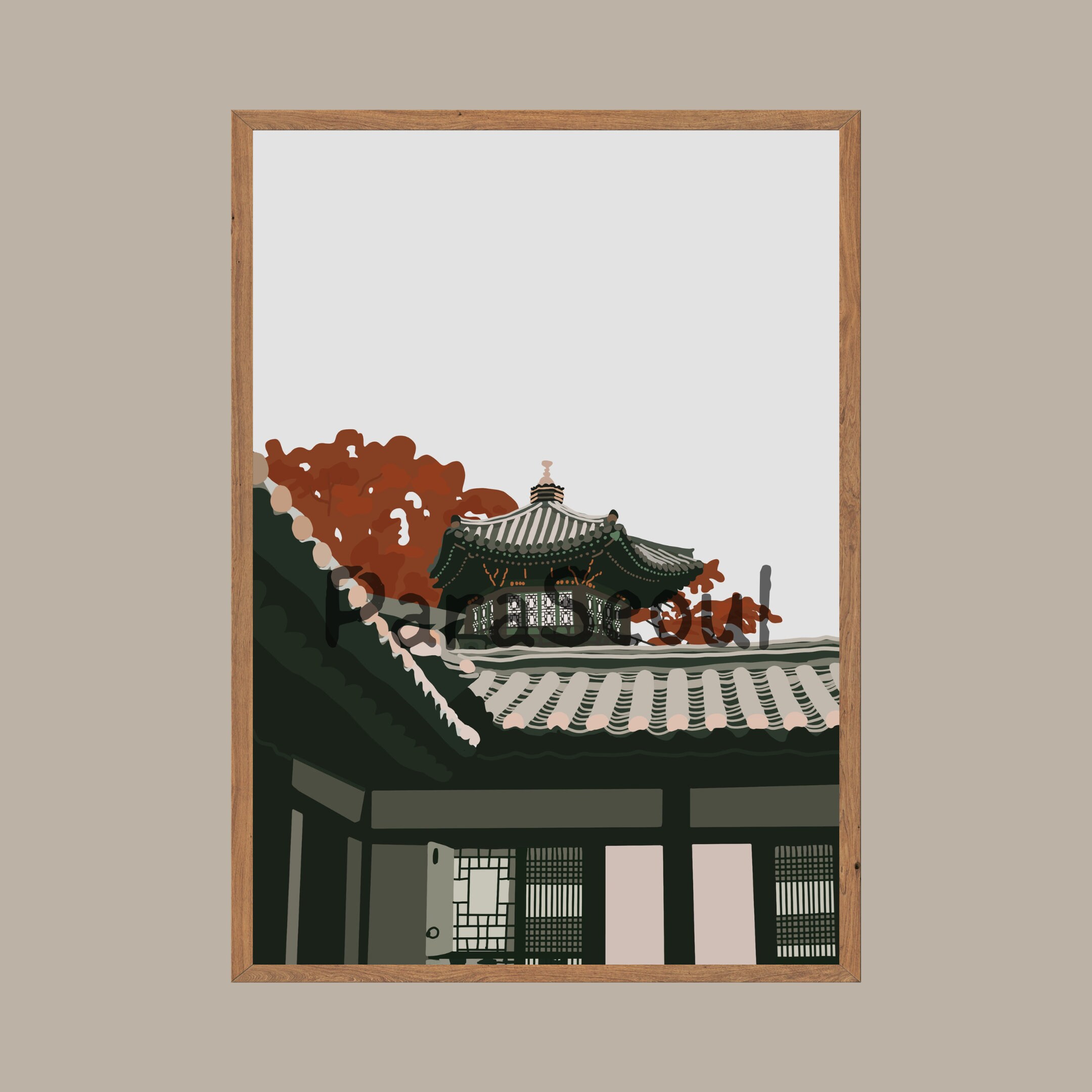 Fall Hanok Wall Art, Seoul Artwork, Korean Printable Art, Hanok Village ...