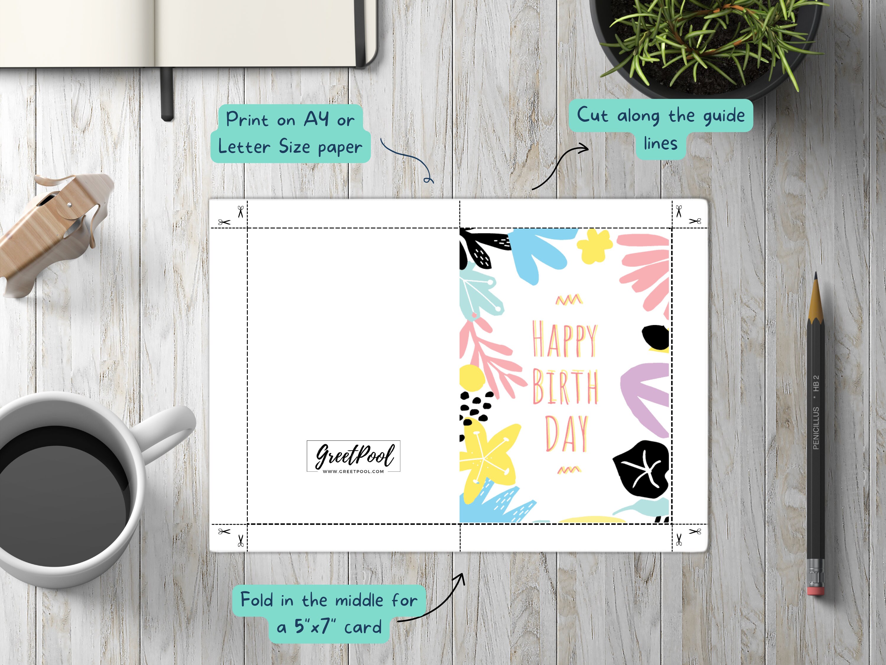 Printable Birthday Card, Water Color Flowers Greeting Card, Print at ...